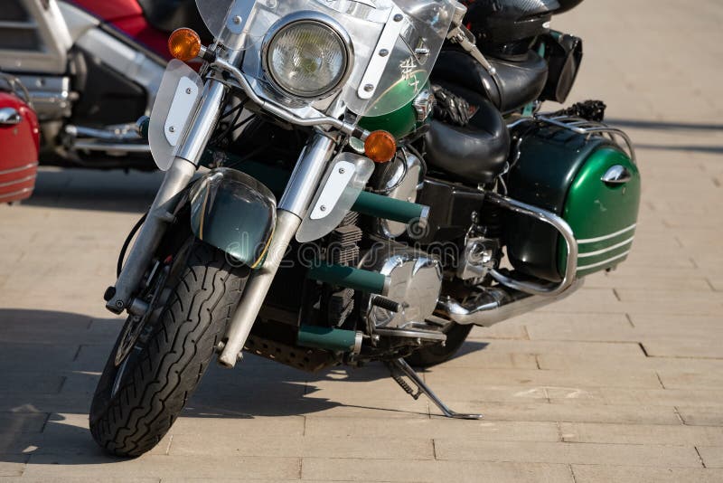 Green Motorcycle Parked on the Sidewalk Stock Photo - Image of concept ...