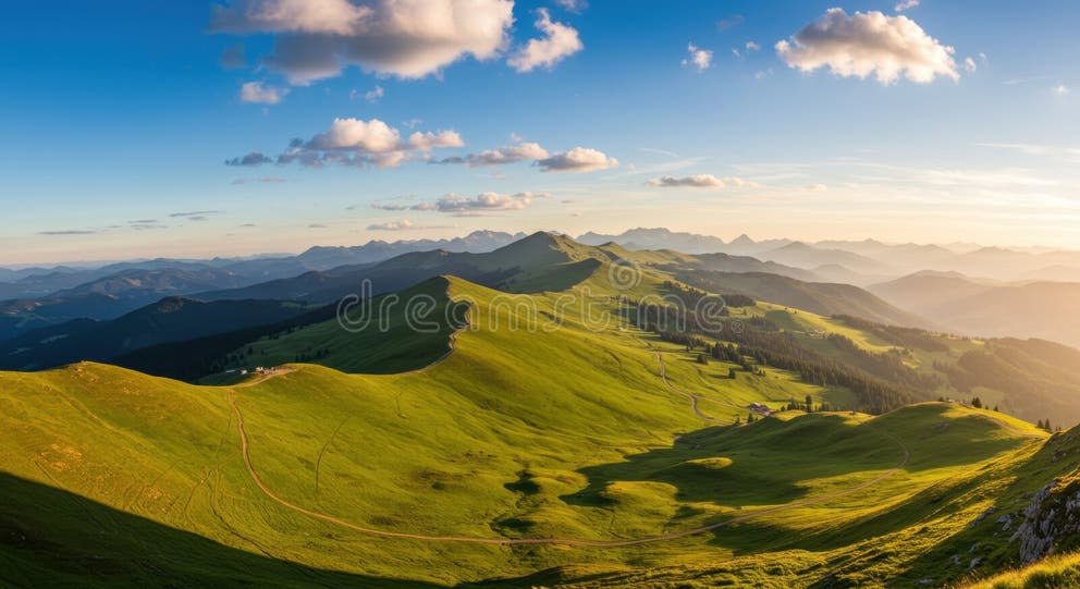Green Mountain Ridge at Sunset Panorama Stock Illustration ...