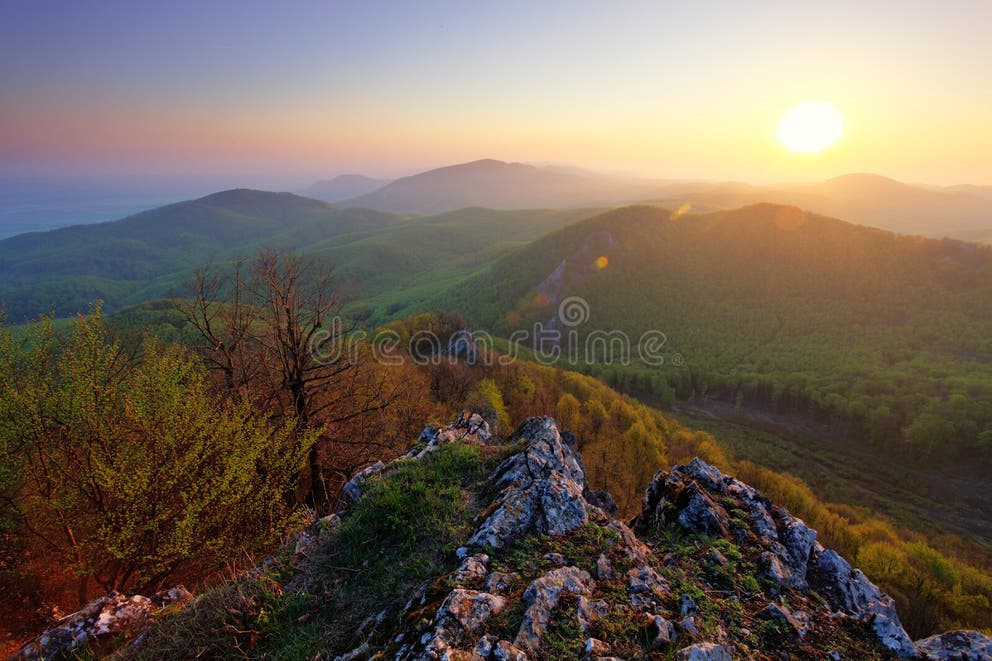 Green mountain at sunrise stock photo. Image of park - 31393996