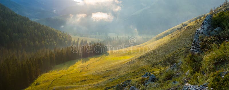 Mountain Valley Scene at the Evening Stock Image - Image of grass ...
