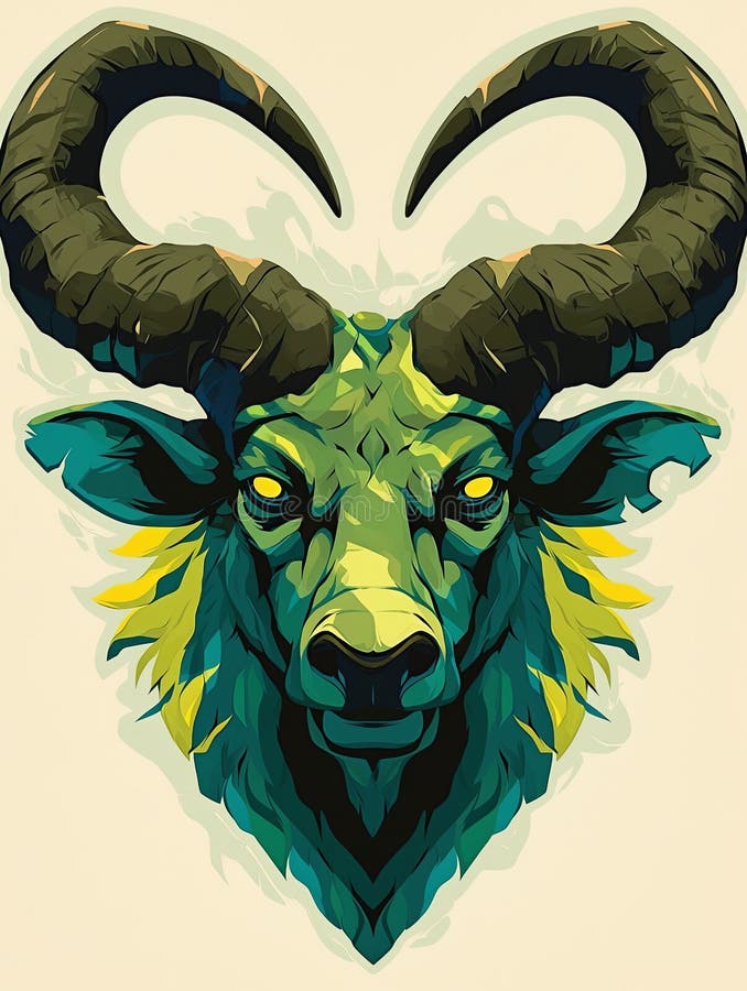 Green Mythical Creature Head with Large Horns, Stylized Illustration ...