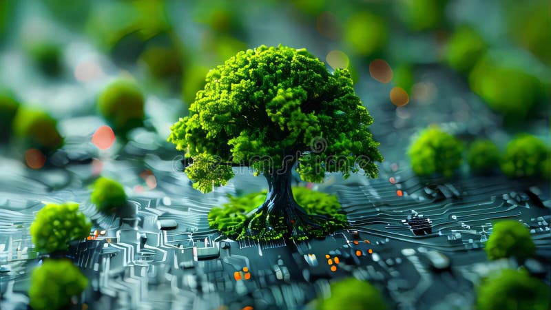 Green Natural Eco-friendly Tree and Computer Technology on an Abstract ...