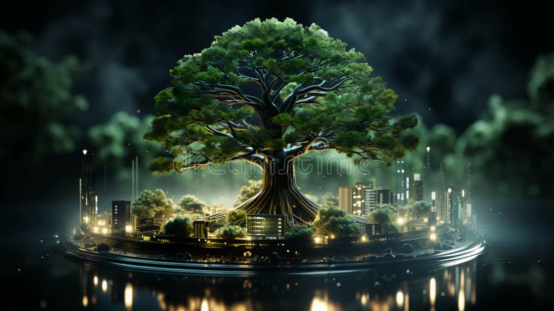 Green Natural Eco-friendly Tree and Computer Technology on an Abstract ...