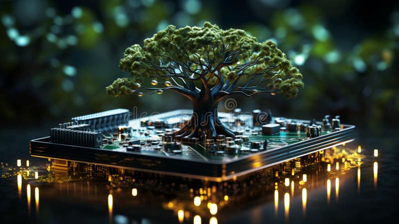 Green Natural Eco-friendly Tree and Computer Technology on an Abstract ...