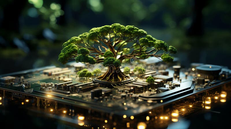 Green Natural Eco-friendly Tree and Computer Technology on an Abstract ...