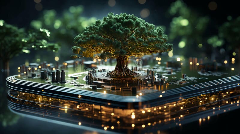 Green Natural Eco-friendly Tree and Computer Technology on an Abstract ...