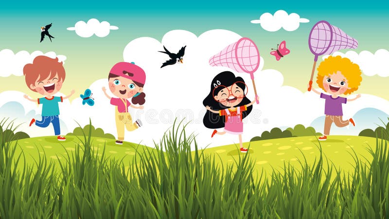 Spring Season with Cartoon Children Stock Vector - Illustration of ...