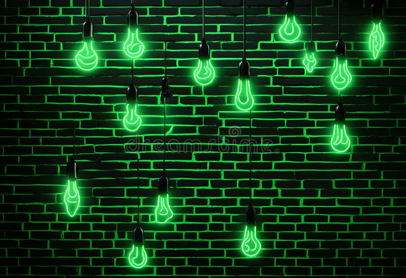 Green Neon Bulbs on Black Brick Wall Stock Illustration - Illustration ...