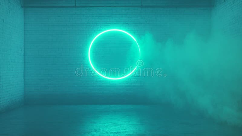 Green Neon Circular Light on White Brick Wall with Ambient Mist for ...