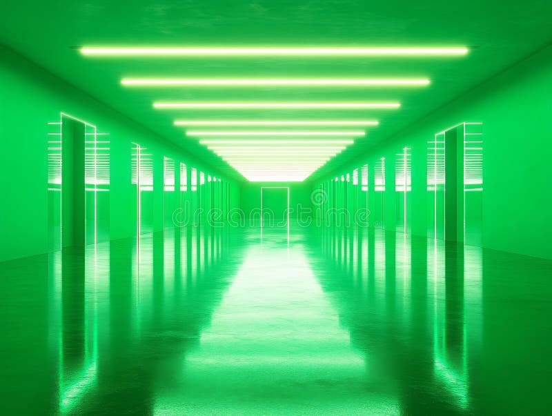 Green Neon Corridor Reflective Floor, Doors, Lights Stock Illustration ...