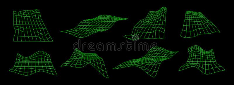 Green Neon Distorted Grid Set. Rippled Wireframe Collection. Glitch ...