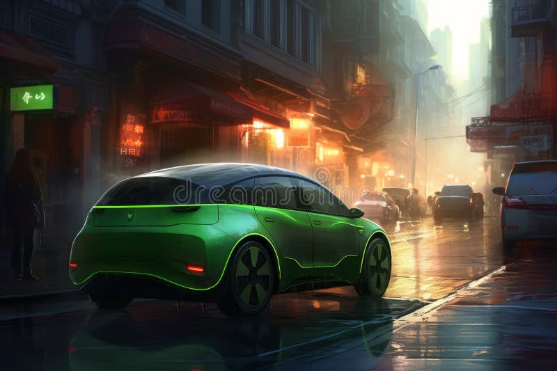 Green Neon Electric Car. Generate Ai Stock Illustration - Illustration ...