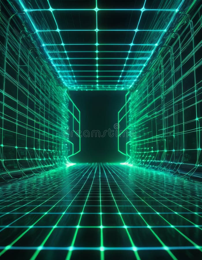 Green Neon Grid in Virtual Space Stock Image - Image of tech, geometry ...