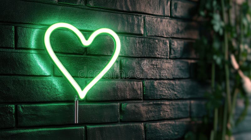 Green Neon Heart Sign on Brick Wall with Ambient Lighting Stock ...