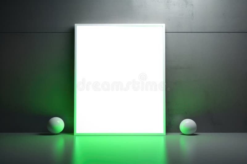 Green Neon Light on Blank Vertical White Poster with Spheres Stock ...
