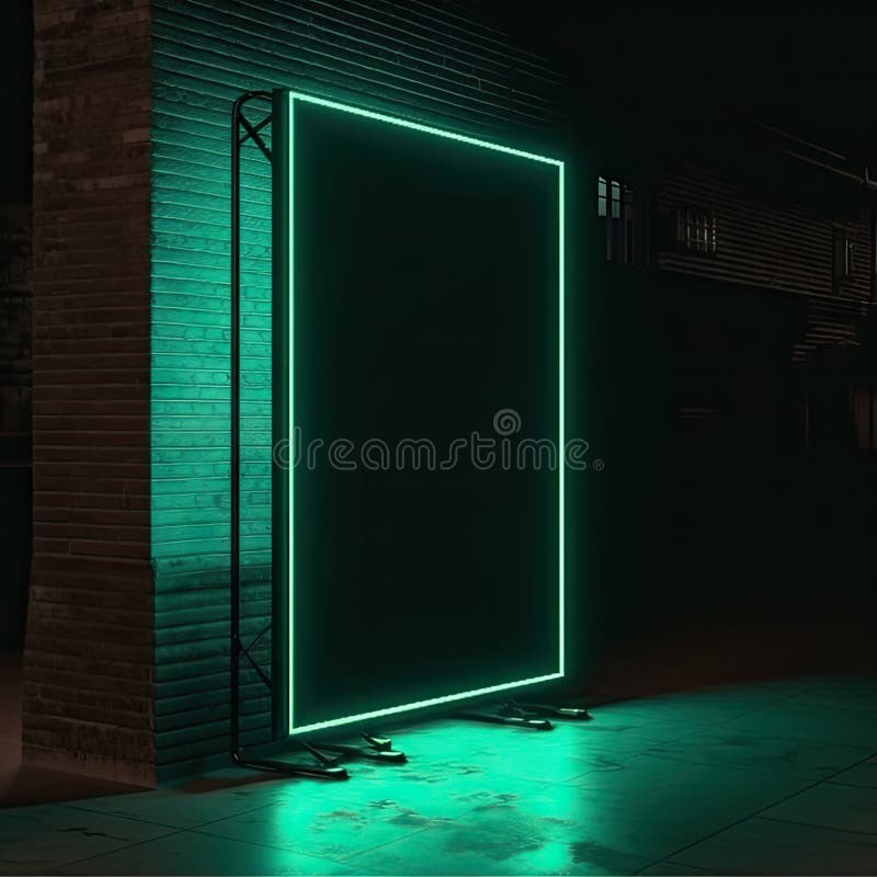 Green Neon Light Box with Black Empty Blank Space for Mockup. Rectangle ...