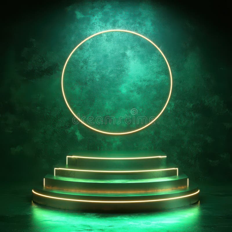 Green Neon Light Illuminates Tiered Platform with Circular Frame Stock ...