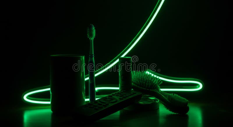Green Neon Lit Bathroom Accessories Still Life Stock Illustration ...