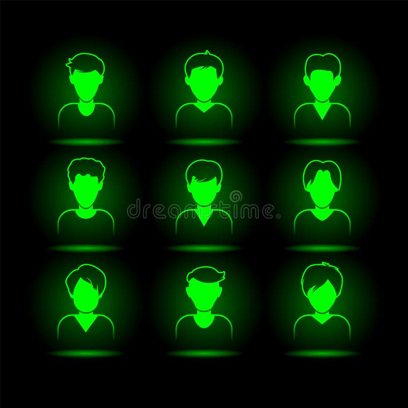 Green Neon Mans Avatar Set. Virtual Character Glowing Icons Collection ...