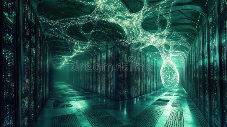 Green Network Web in Server Room Corridor Stock Illustration ...