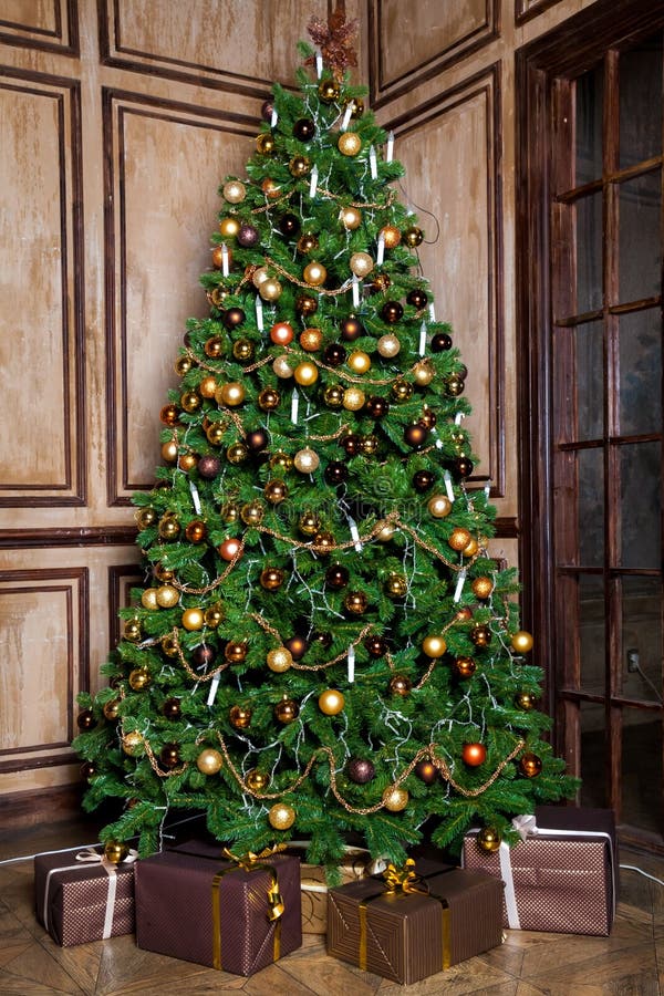 Green New Year Tree Decorated Stock Photo - Image of christmas, classic ...