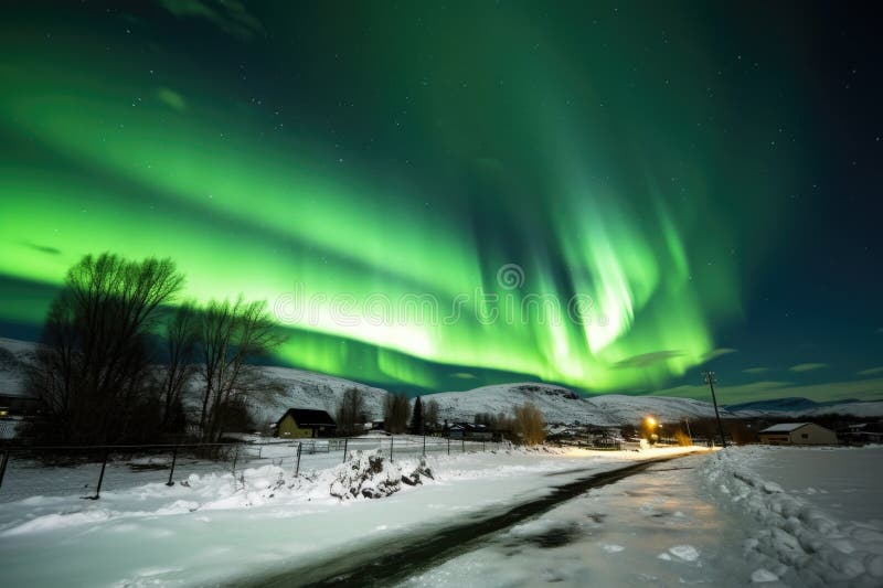 Green Northern Lights Over a Snow-covered Landscape Stock Illustration ...