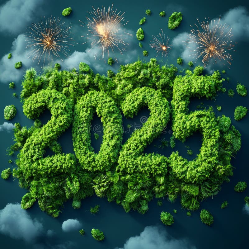 Green 2025 Numbers from Grass with Sparkles, Representing New Year, Eco ...