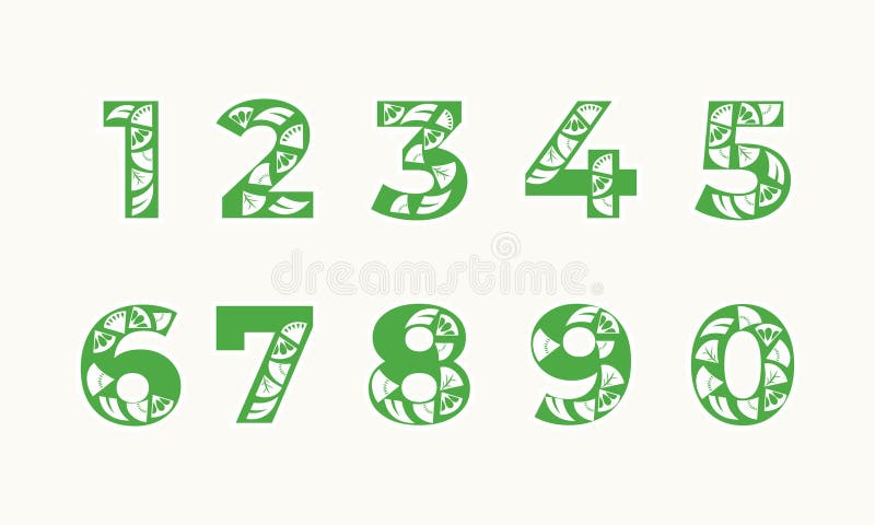 Green Numbers Set with Abstract Leaf and Citrus Slice Design Stock ...