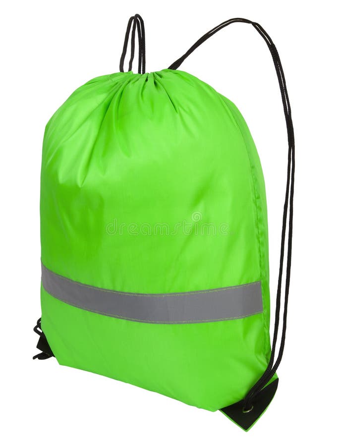 Green Nylon Drawstring Bag with Reflective Tape, Isolated Over White ...