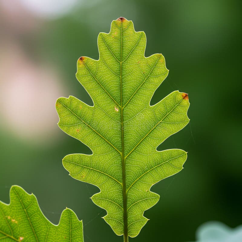 Green Oak Leaf with Defined Lobes and Visible Veins Against a Blurred ...
