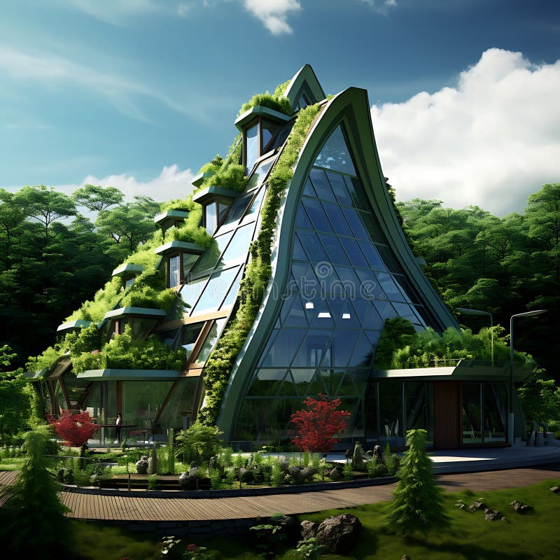 A Triangular Shaped Building with Plants Growing on the Roof Stock ...