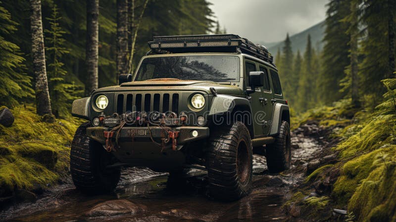 Green Off-road Vehicle on a Mountain Mud in the Forest Stock ...