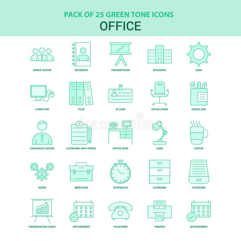 25 Green Office Icon set stock vector. Illustration of icon - 131374675