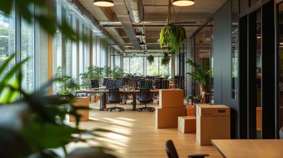 Green Office Relocation with Boxes. Modern Workspace with Plants Stock ...