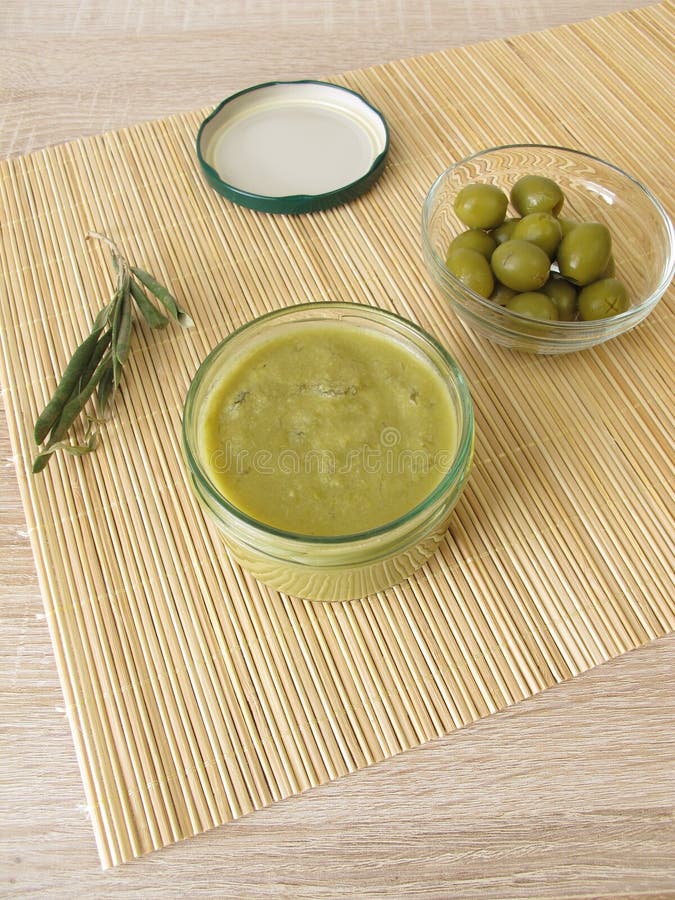 Green olive jam in jar stock photo. Image of green, olives - 119315558