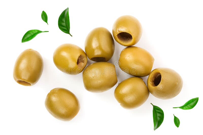 Green Olives with Leaves Isolated on a White Background with Full Depth ...