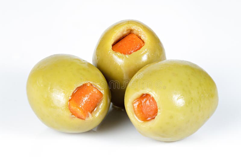 Green Olives Stuffed with Red Paprika Isolated on White. Stock Photo ...