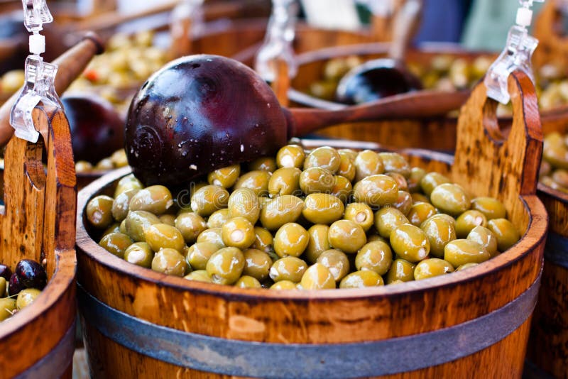 Green Olives in Wooden Barrel Stock Photo - Image of food, vegetarian ...