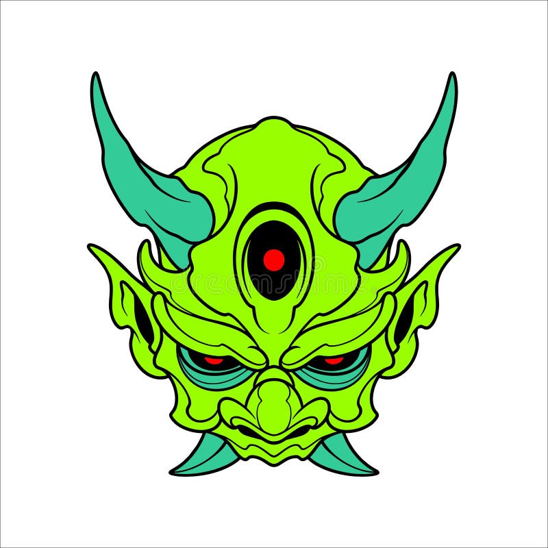 Green oni mask with 3 eyes stock vector. Illustration of flower - 255345530