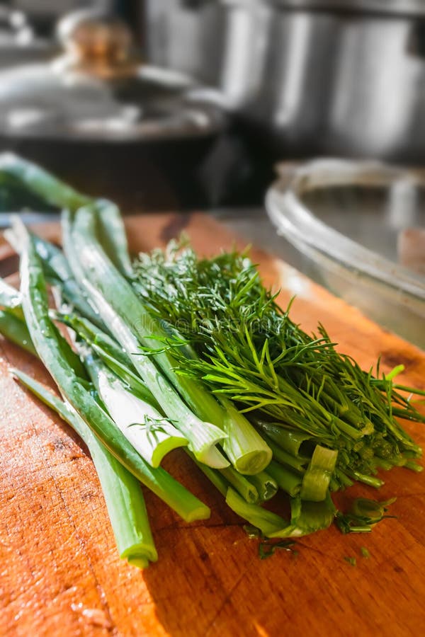 Green Onions and Dill on a Wooden Board Stock Image - Image of chop ...