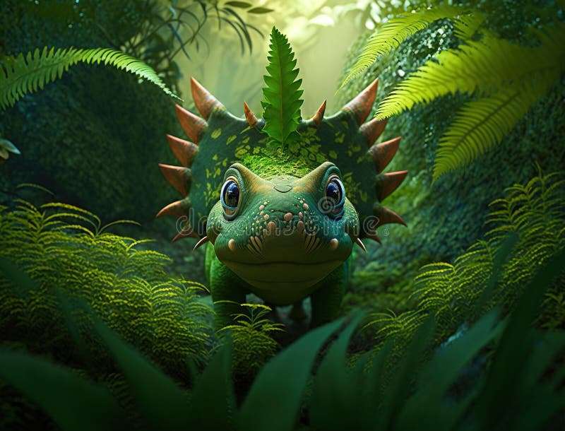 A Green and Orange Dinosaur in a Green Forest with Ferns. Generative Ai ...