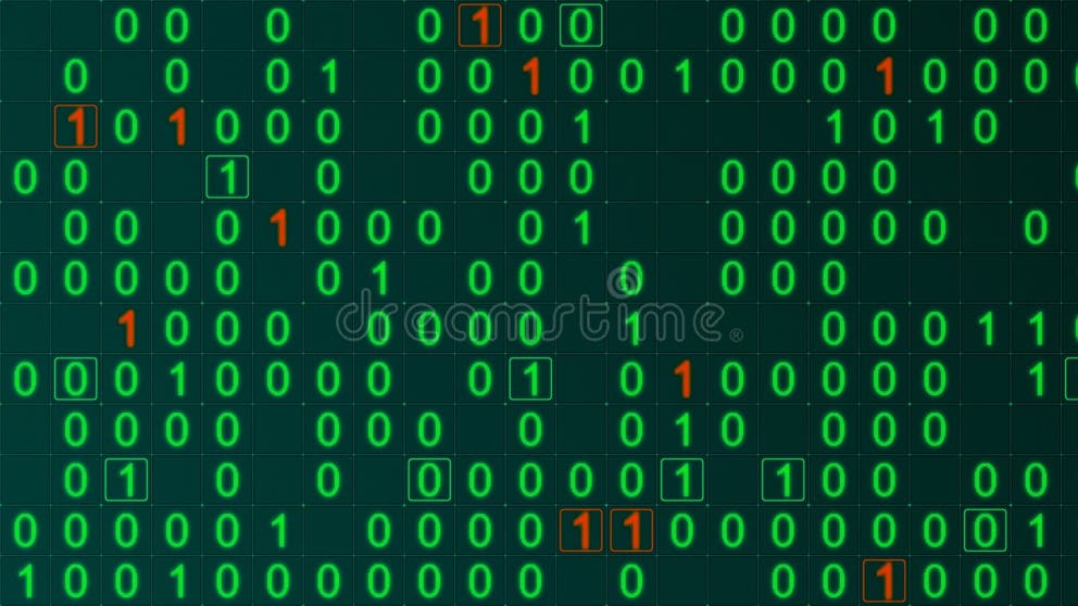 Green and Orange Glowing Binary Matrix on a Grid, Horizontal ...