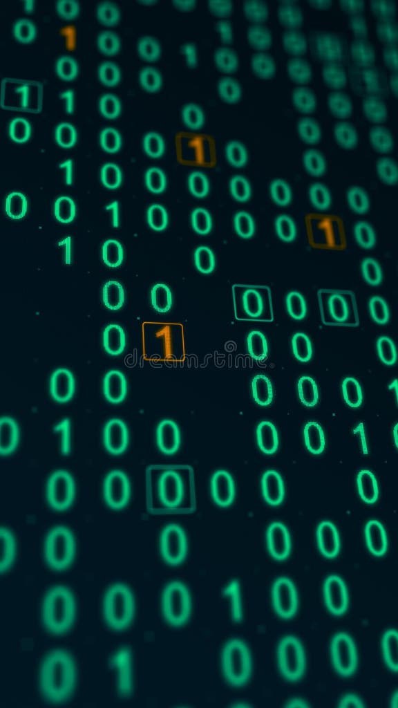 Green and Orange Glowing Binary Matrix on a Grid, Vertical Composition ...