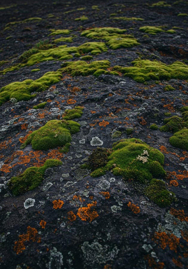 Green and Orange Moss on Dark Rock Surface Stock Illustration ...
