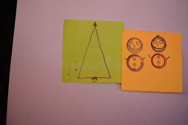 Green and Orange Sticky Notes with a Christmas Tree and Snowmen. Stock ...