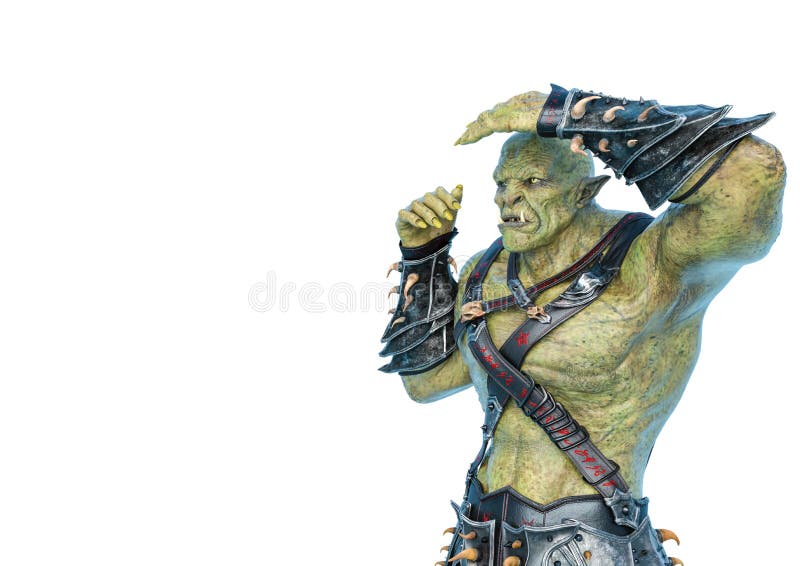 Green orc is looking for war in a white background side view