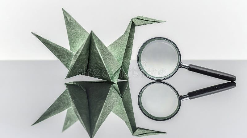 Green Origami Crane, Magnifying Glass, Reflection, Studio Stock Photo ...
