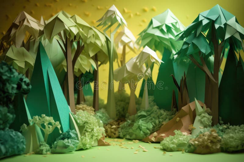 Green Origami Landscape with Trees and Greenery, Created Using ...