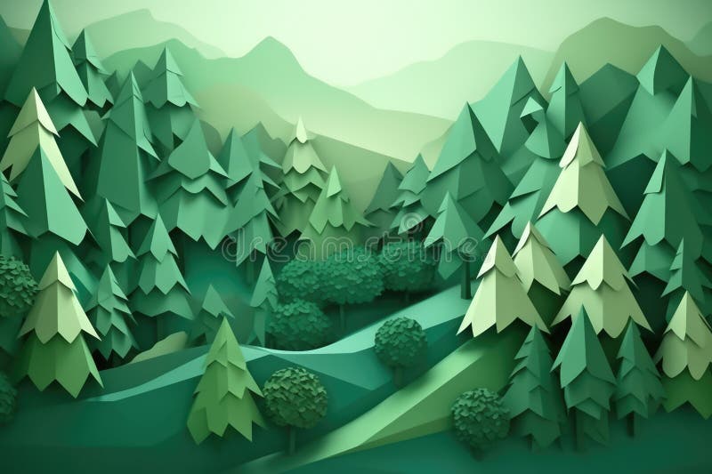 Green Origami Landscape with Trees and Mountains, Created Using ...