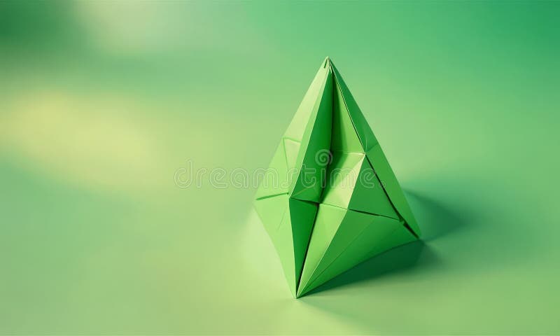 Green Origami Sculpture, Composed Triangular Pieces, Stands on Green ...